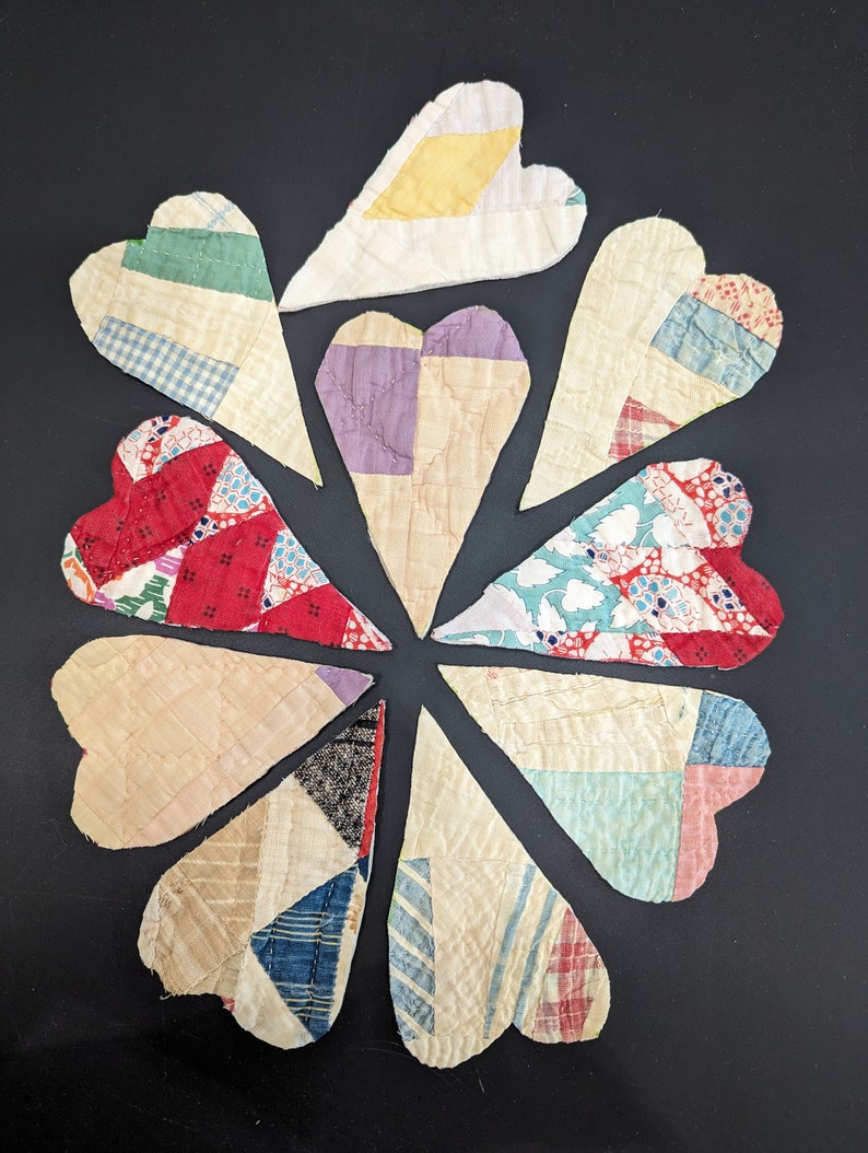 Vintage Quilt Heart Cutouts: Hand-stitched Fabric Embellishments, Set ...