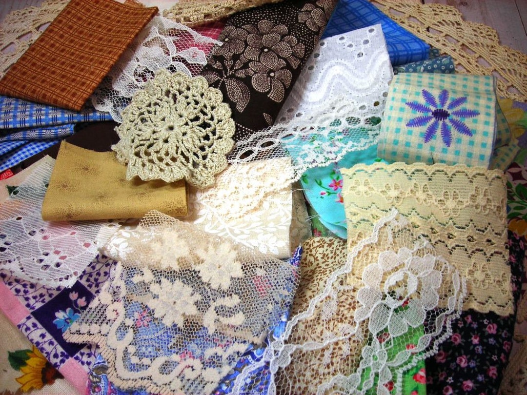 Scrap Fabric Lace 50 Pieces Bundle Grab Bag Cotton Junk Journal ...