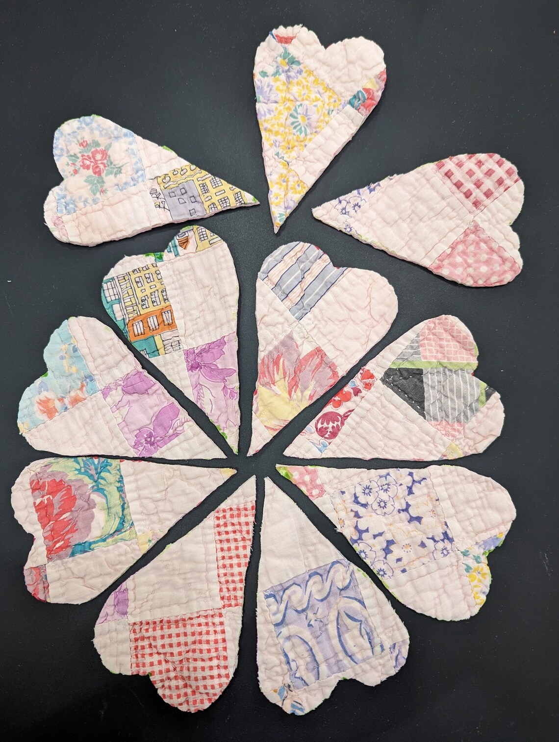 Vintage Quilt Heart Cutouts: Hand-stitched Fabric Embellishments, Set ...