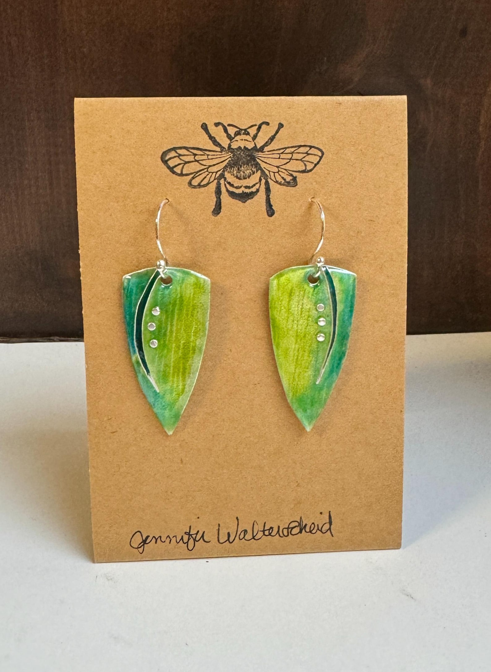 Cloisonne Transparent Green and Yellow Earrings on Textured Fine Silver ...