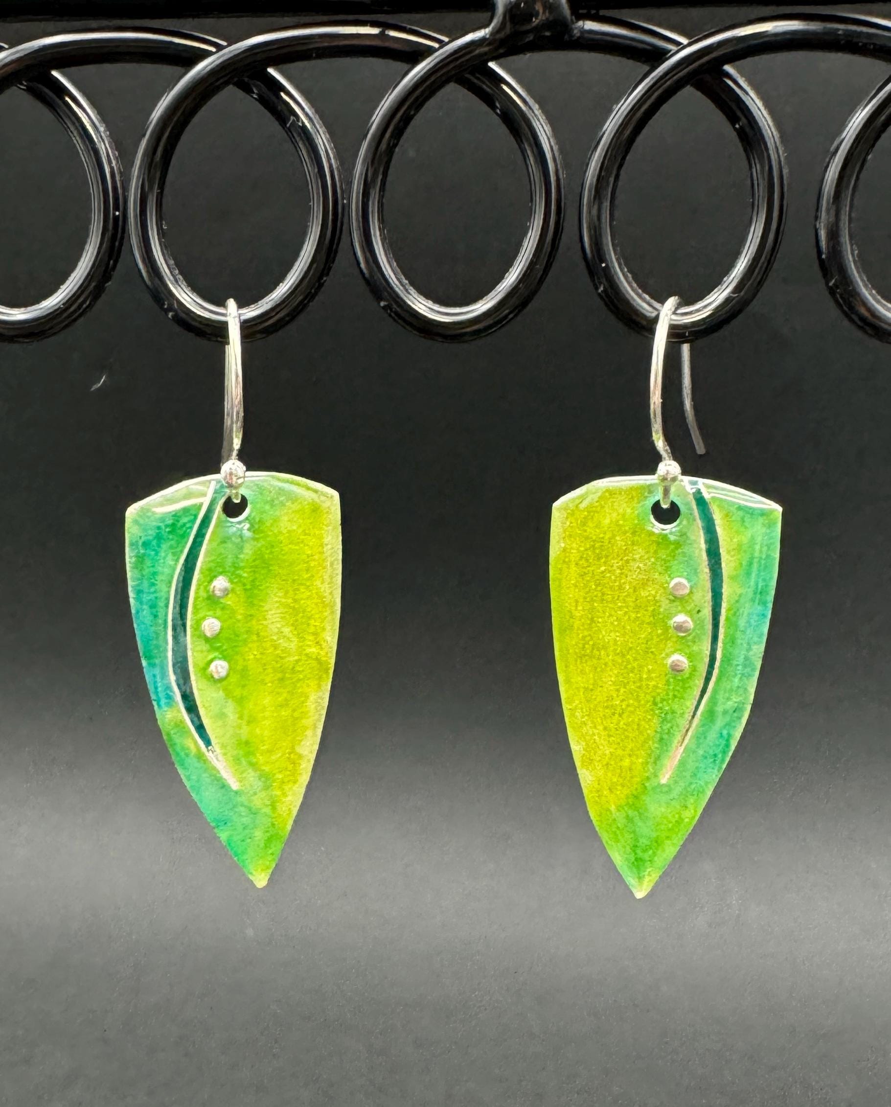 Cloisonne Transparent Green and Yellow Earrings on Textured Fine Silver ...