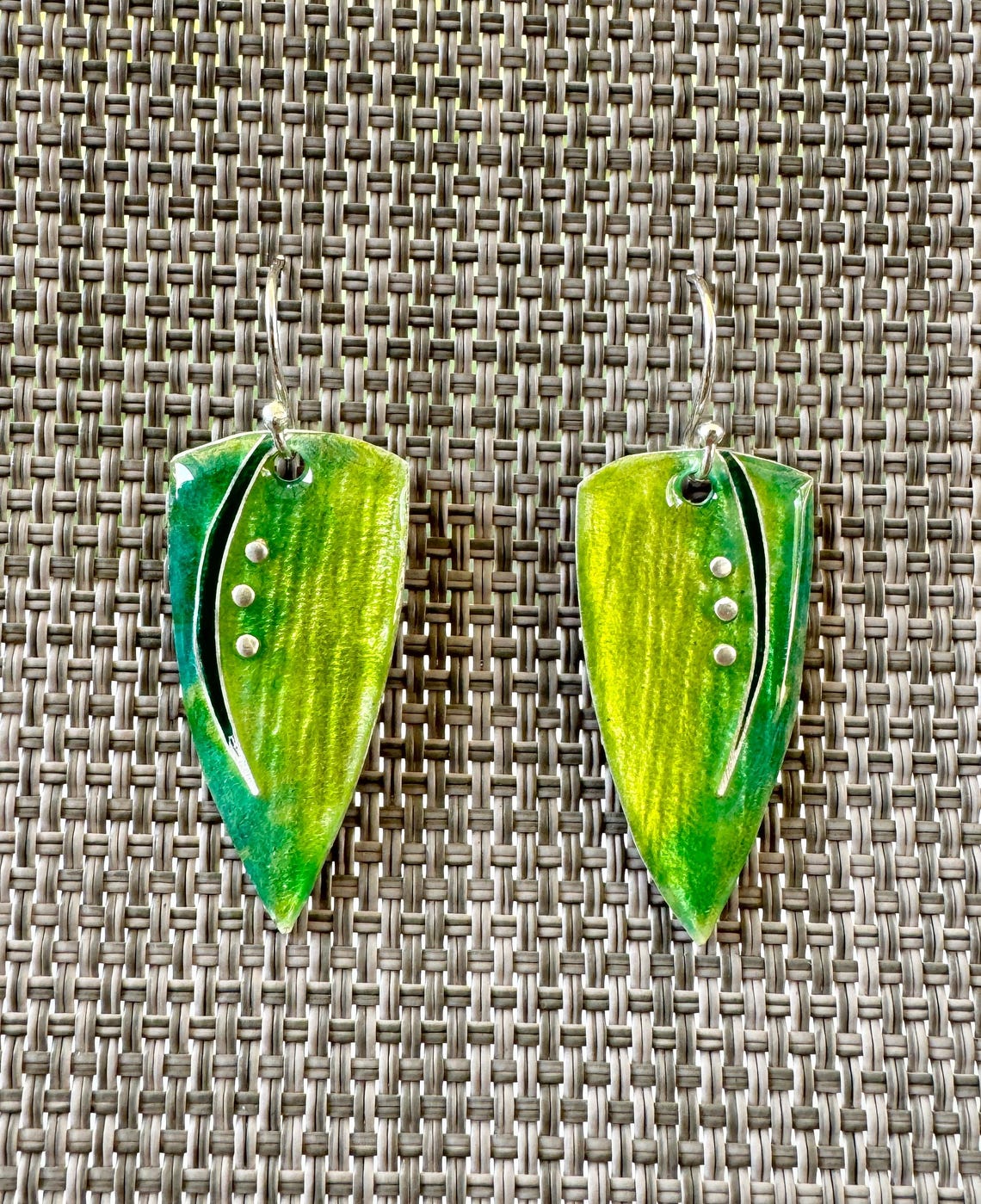 Cloisonne Transparent Green and Yellow Earrings on Textured Fine Silver ...