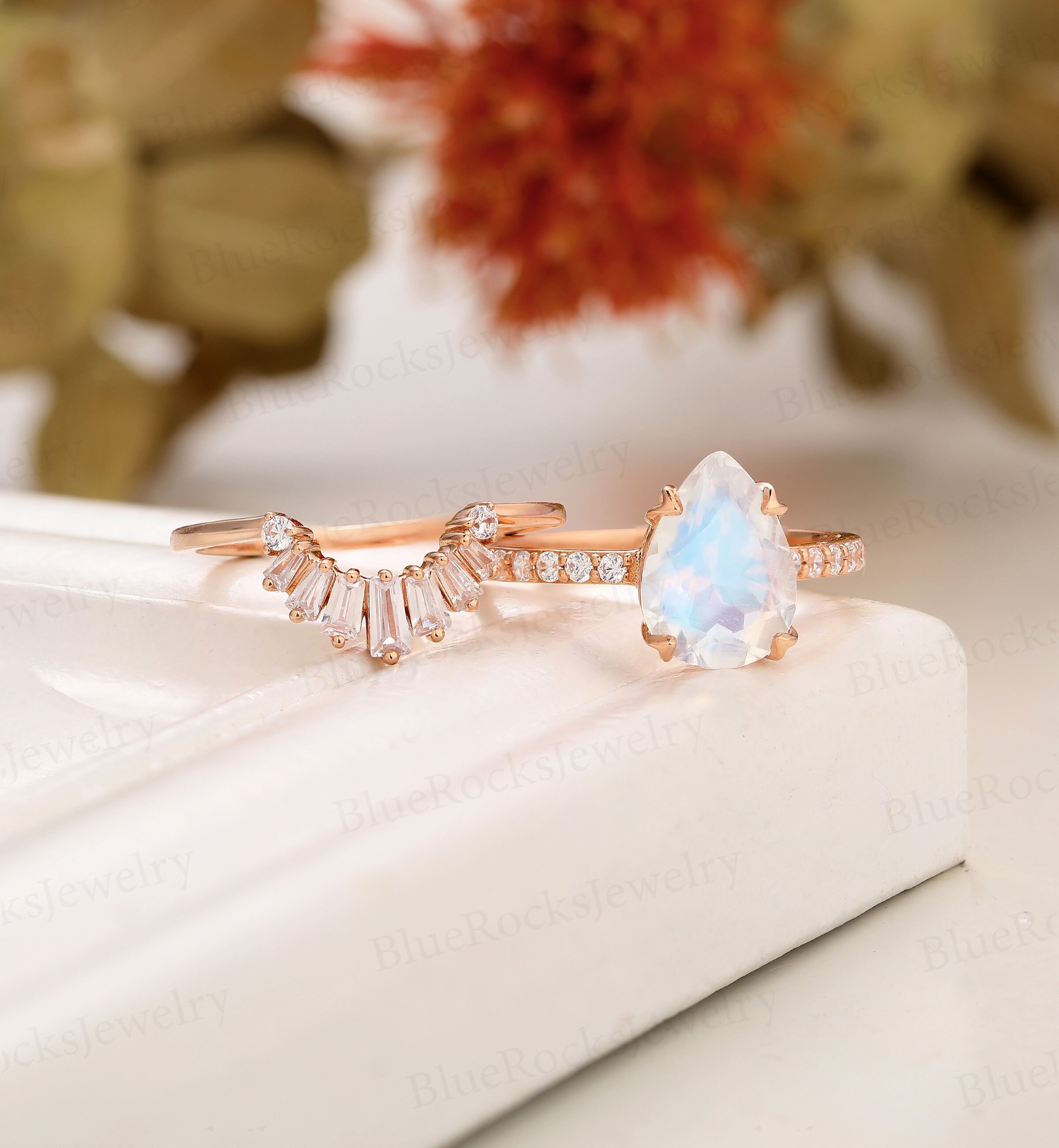 Pear Shaped Moonstone Engagement Ring Set Rose Gold Prong Set | Etsy