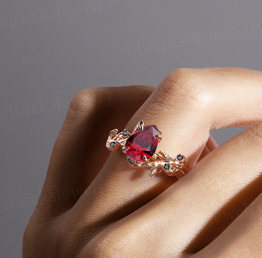 Leaf Ruby Engagement Ring Vintage Pear Cut Branch Ring Rose - Etsy