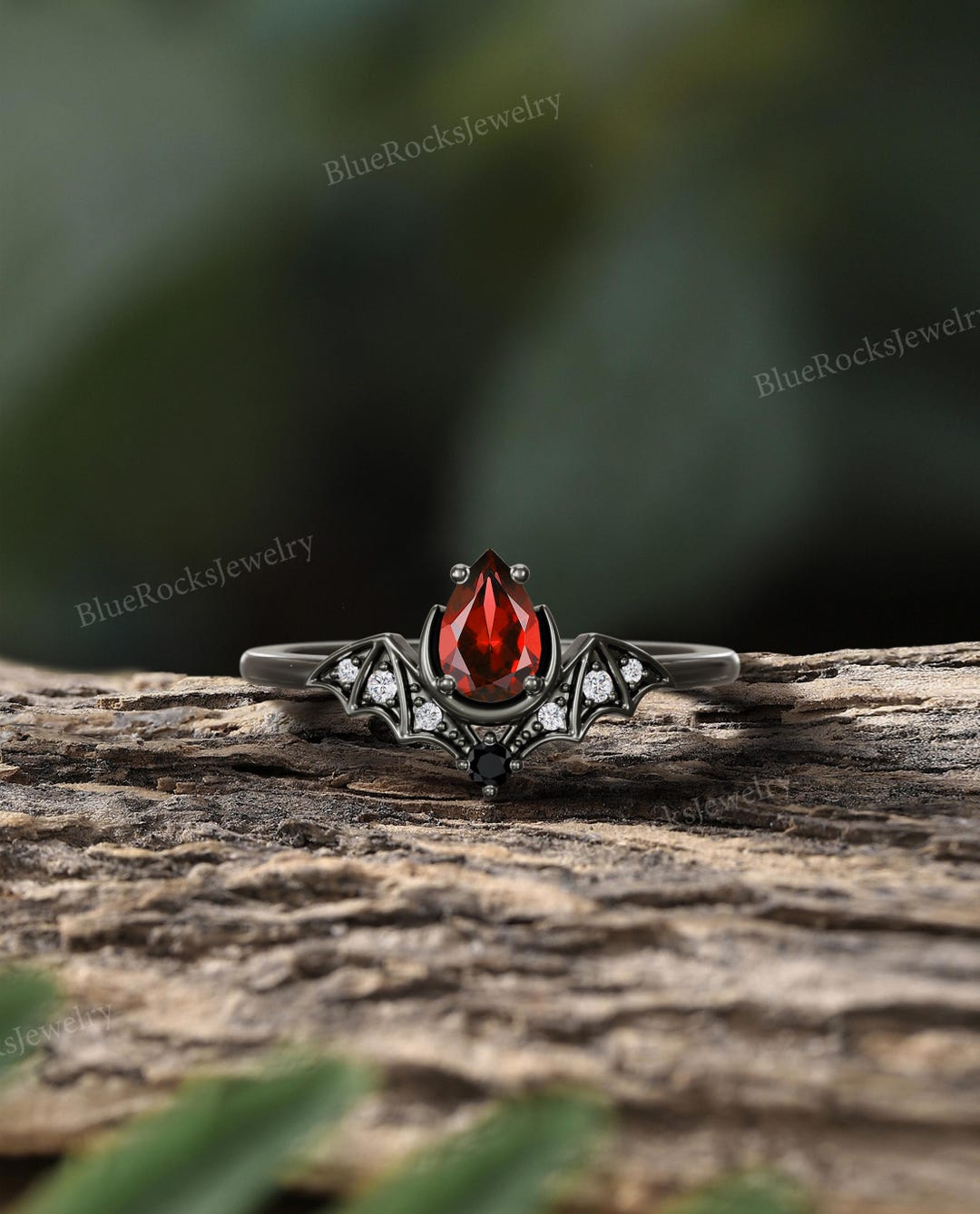 Gothic Garnet Engagement Ring,unique Bat Wing Black Gold Ring,vampire ...