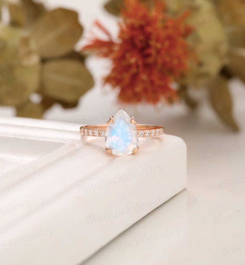 Pear Shaped Moonstone Engagement Ring Set Rose Gold Prong Set | Etsy