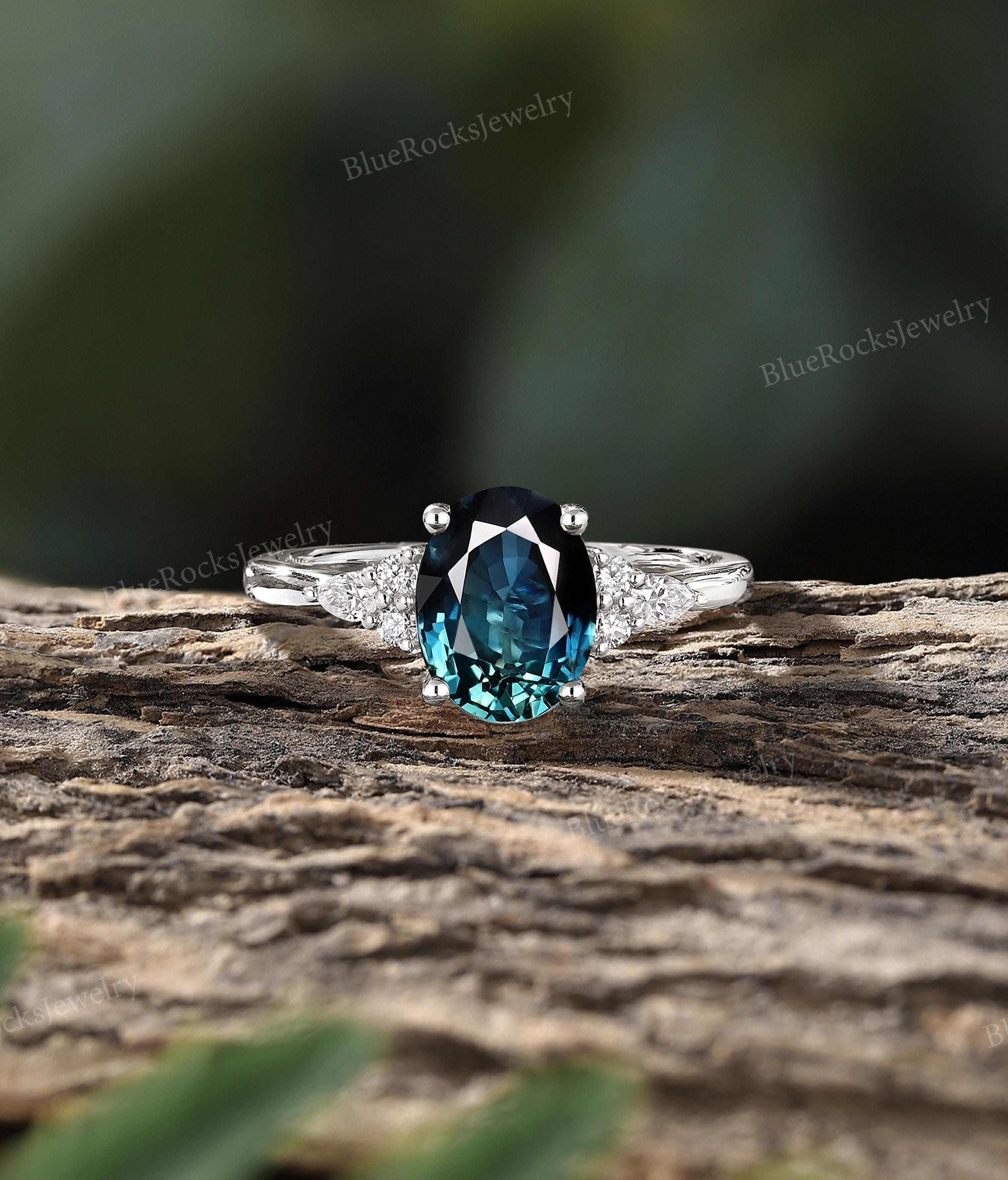 Vintage Teal Sapphire Engagement Ring,unique Rose Gold Wedding Band ...