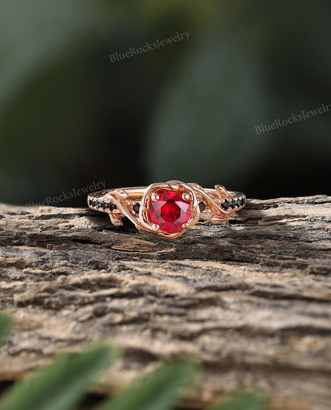 Nature Inspired Floral Ruby Engagement Ring Set,round Cut Ruby Ring ...