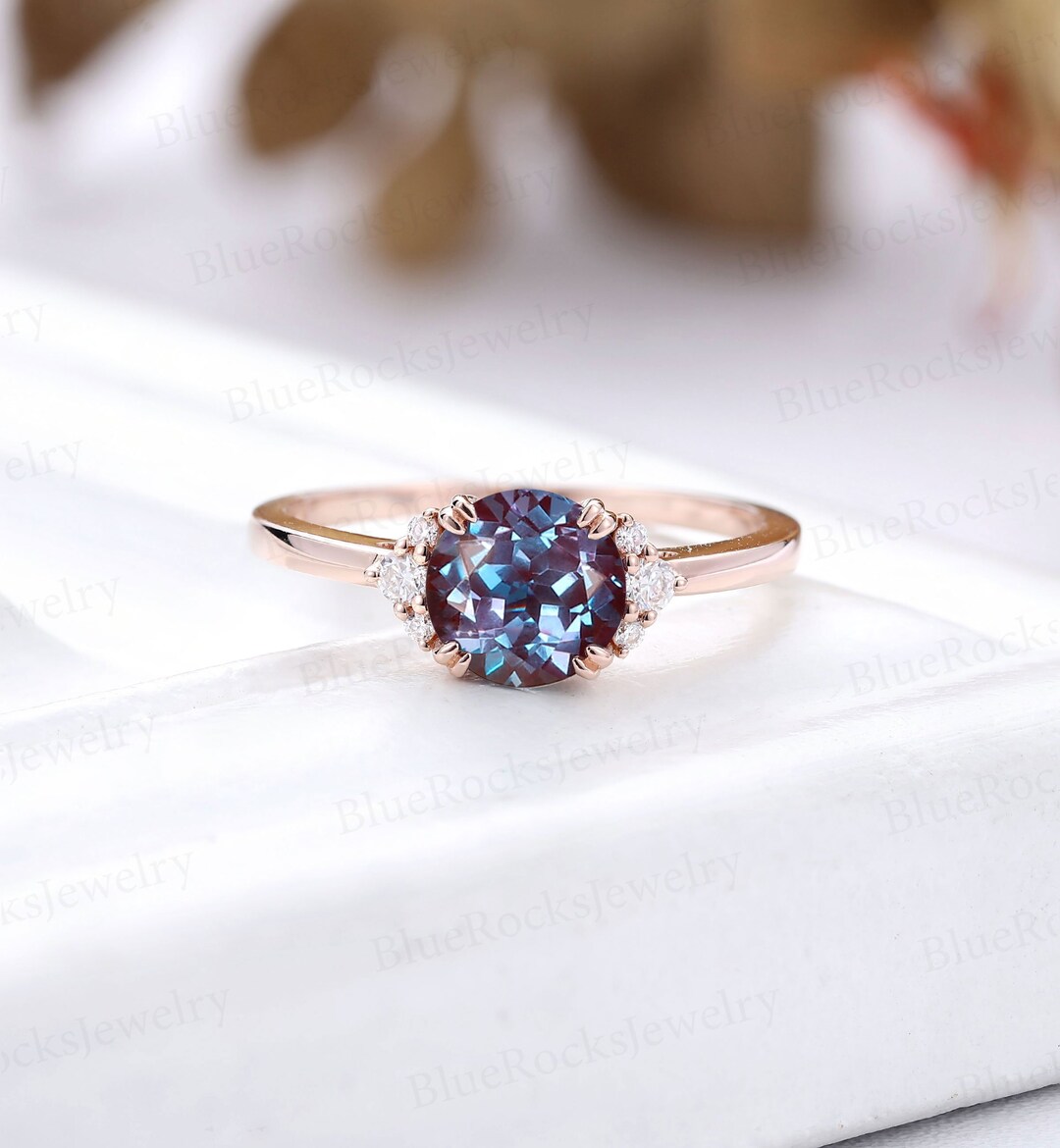 Vintage Lab Alexandrite Engagement Ring, Art Deco Ring, Rose Gold ...