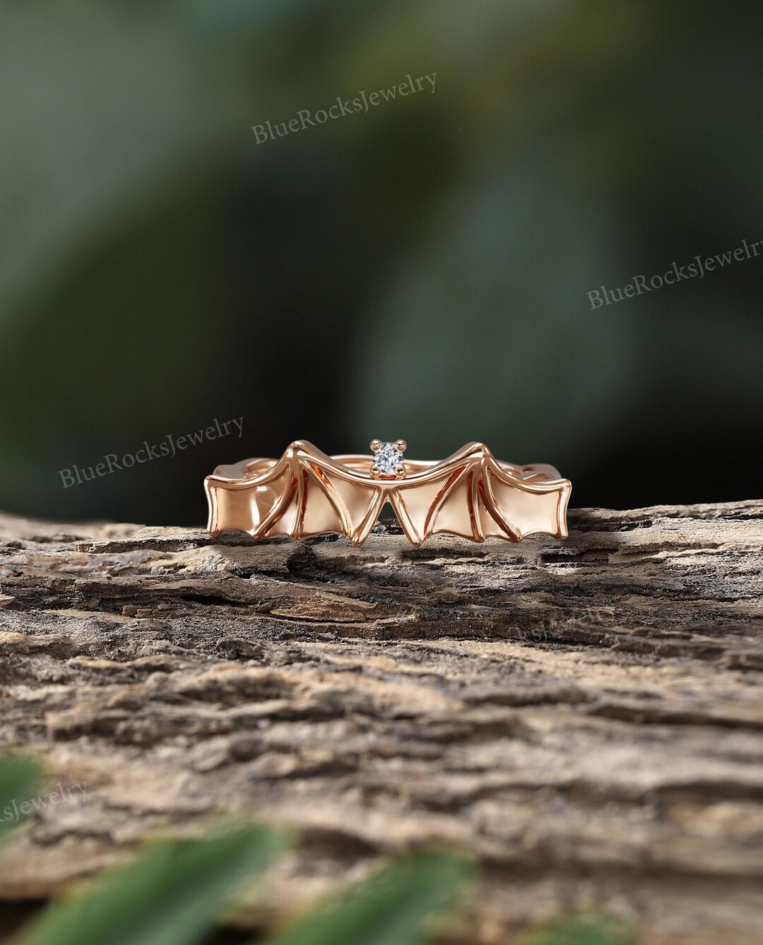 Newgothic Bat Moissanite Wedding Band,unique Rose Gold Folded Wing Ring ...