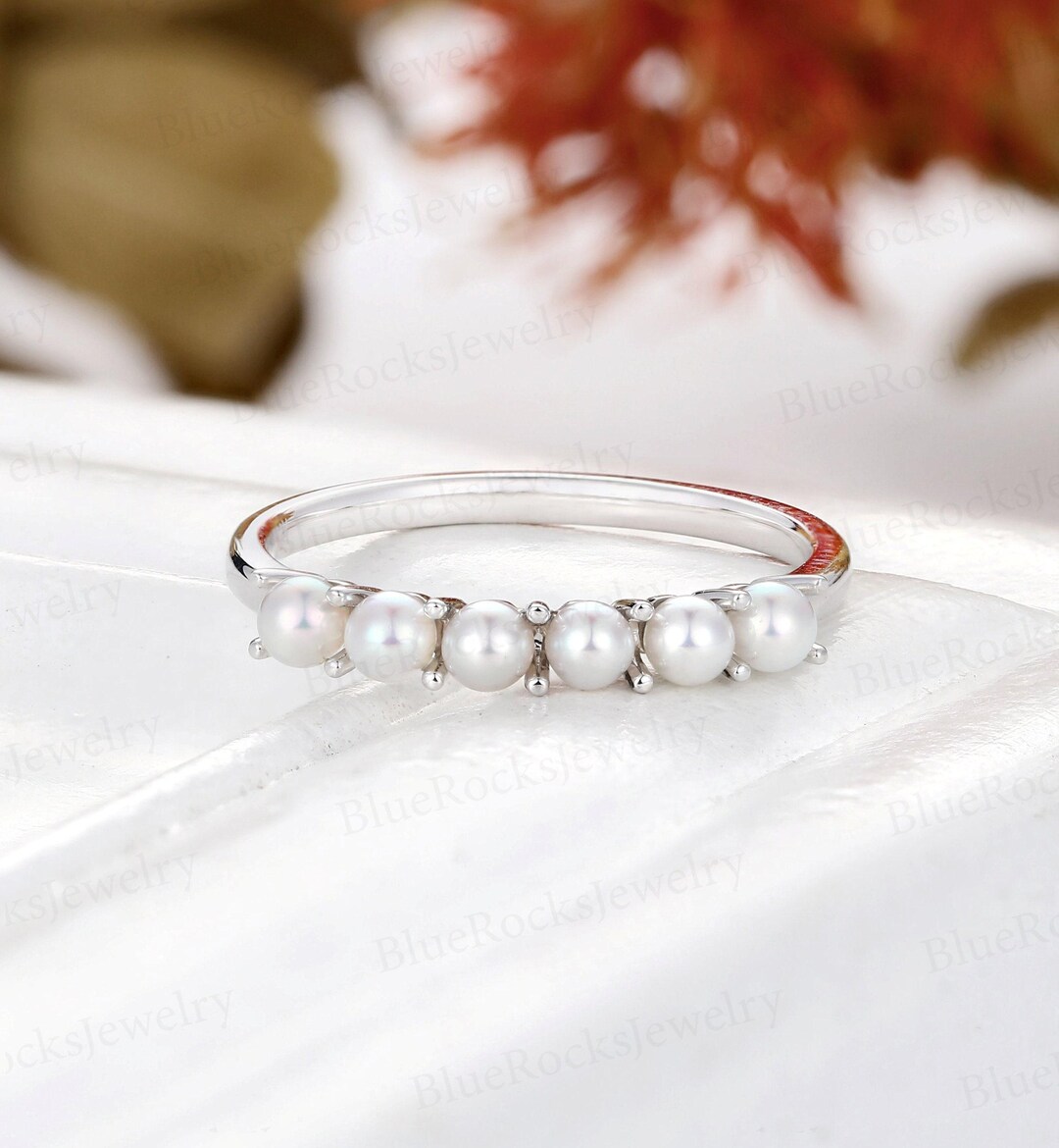 Unique Pearl Wedding Band,women Rose Gold Pearl Matching Band,akoya Pearl Ring,half Eternity ...