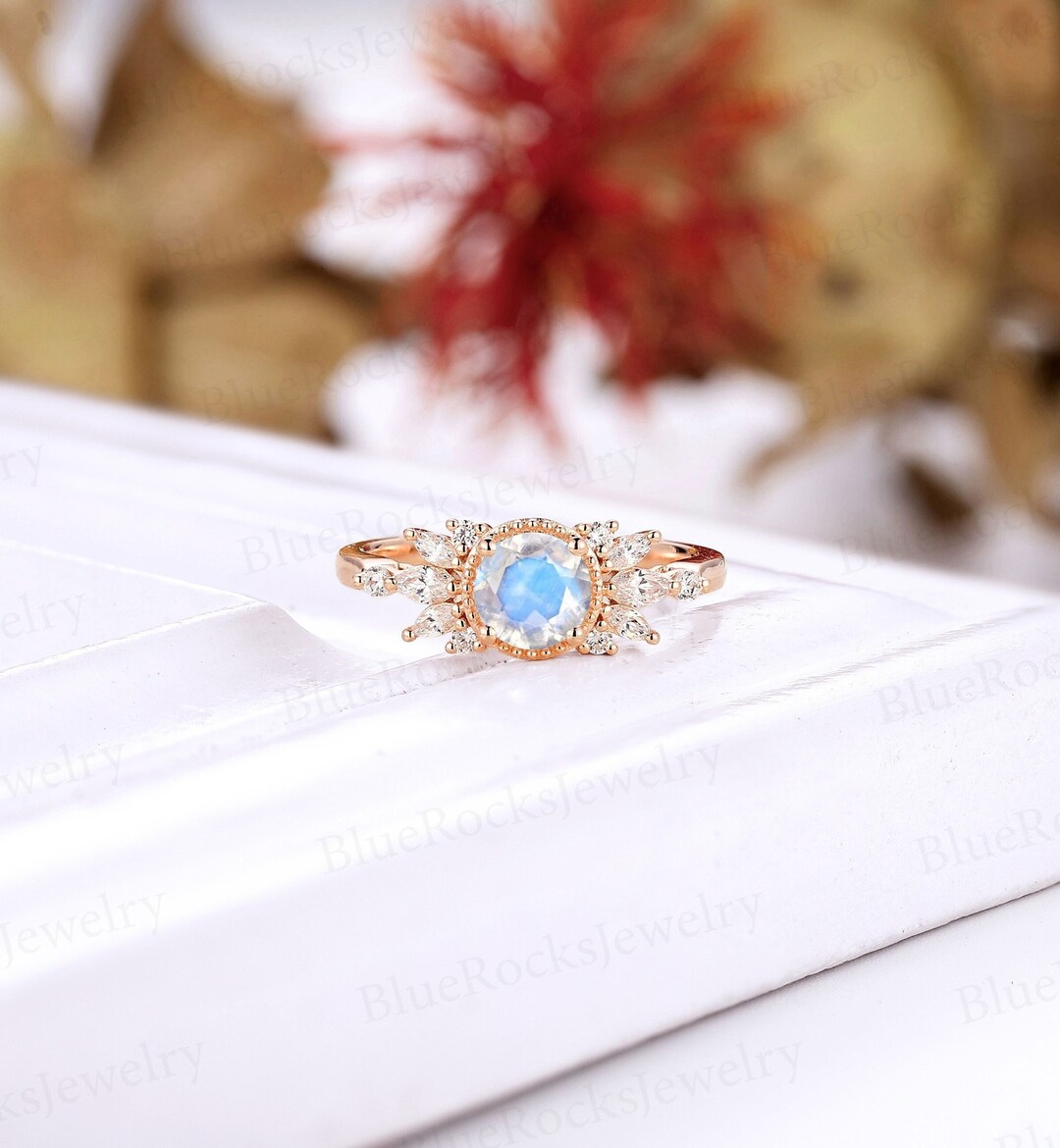 Antique Round Blue Moonstone Engagement Ring Rose Gold Ring Marquise ...