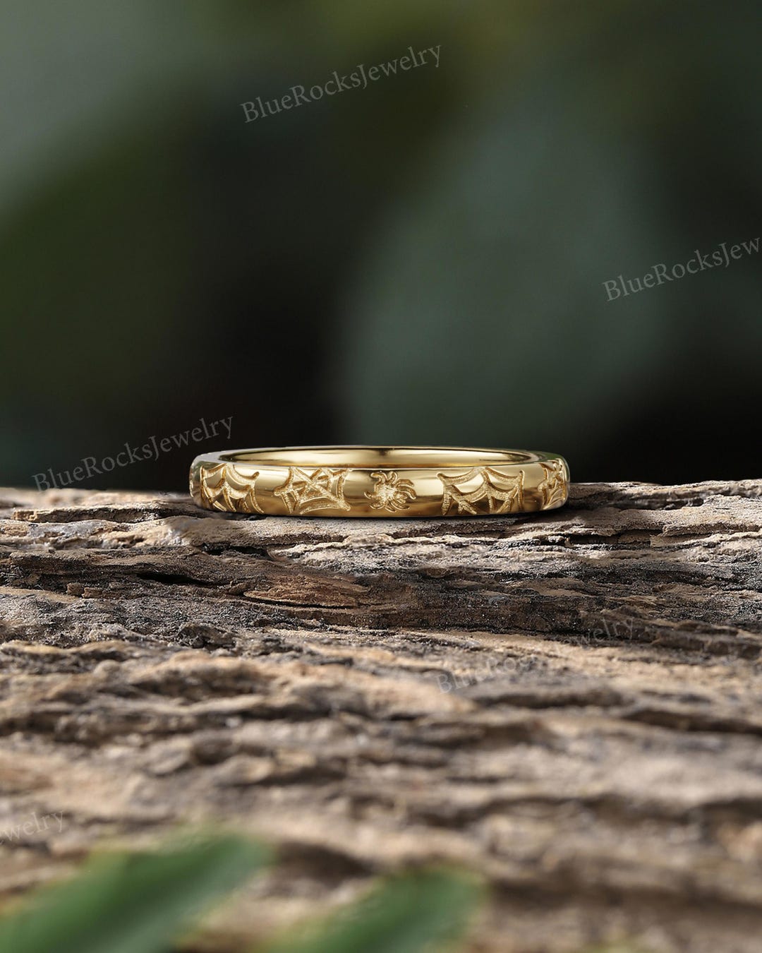 Gothic Spider Web Engraved Wedding Band,unique Yellow Gold Full ...