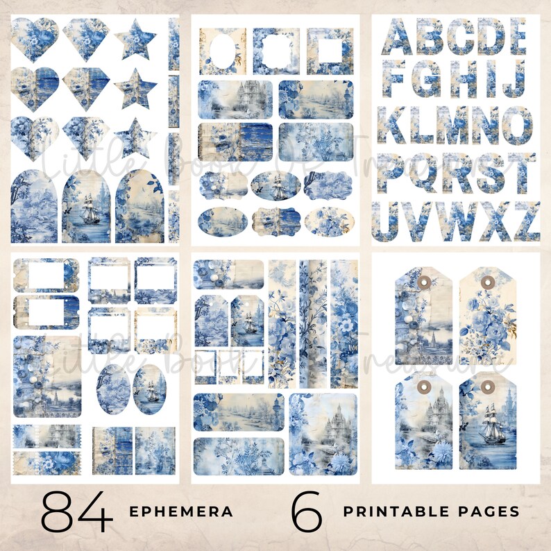 Blue Toile Junk Journal Kit, 100 Pieces, Tags, Ephemera, Paper Craft ...