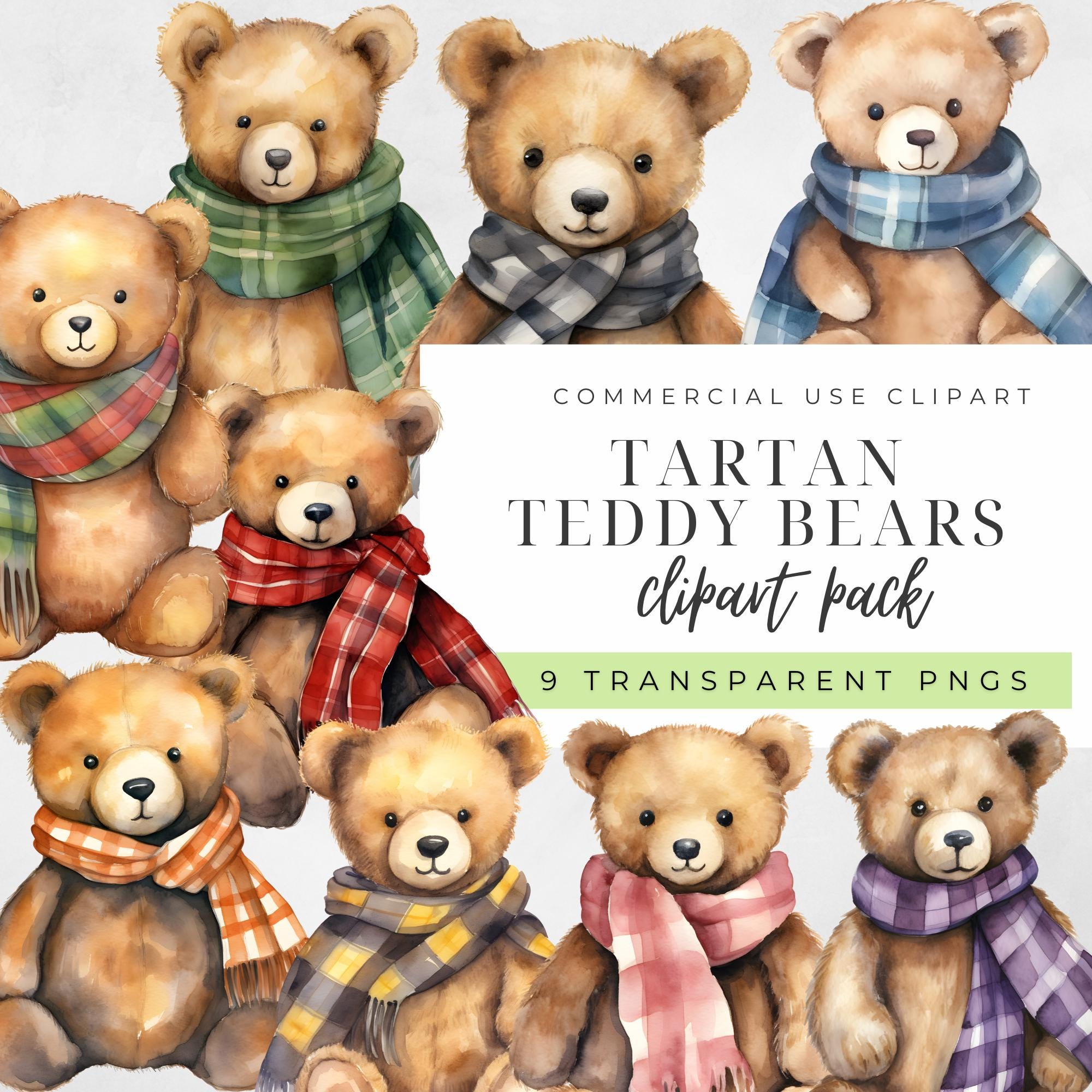Tartan Teddy Bear Clipart, Watercolour Png, Sublimation Design, Nursery ...