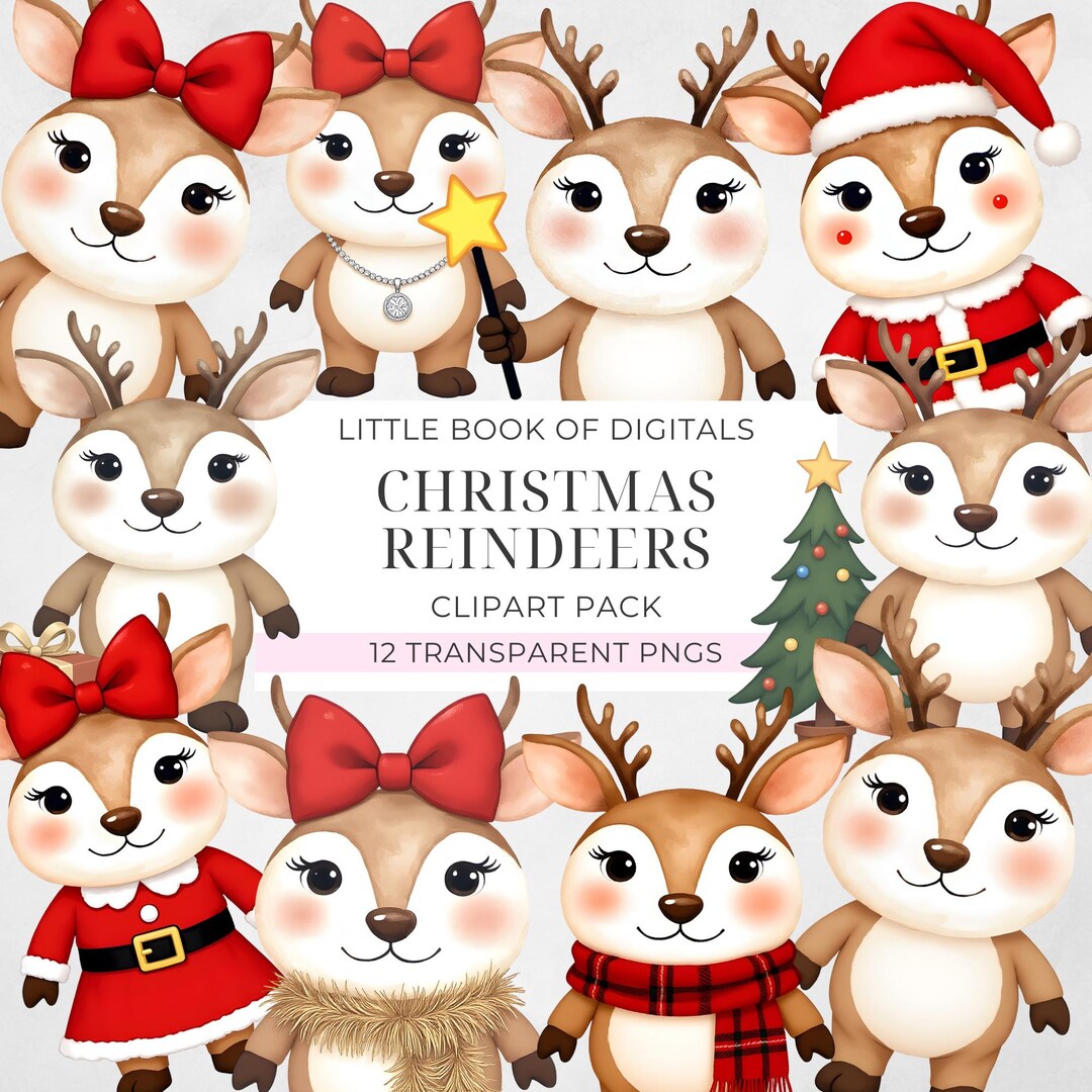 Watercolor Christmas Reindeer Clipart Set: Rustic Winter Pngs (12) - Etsy