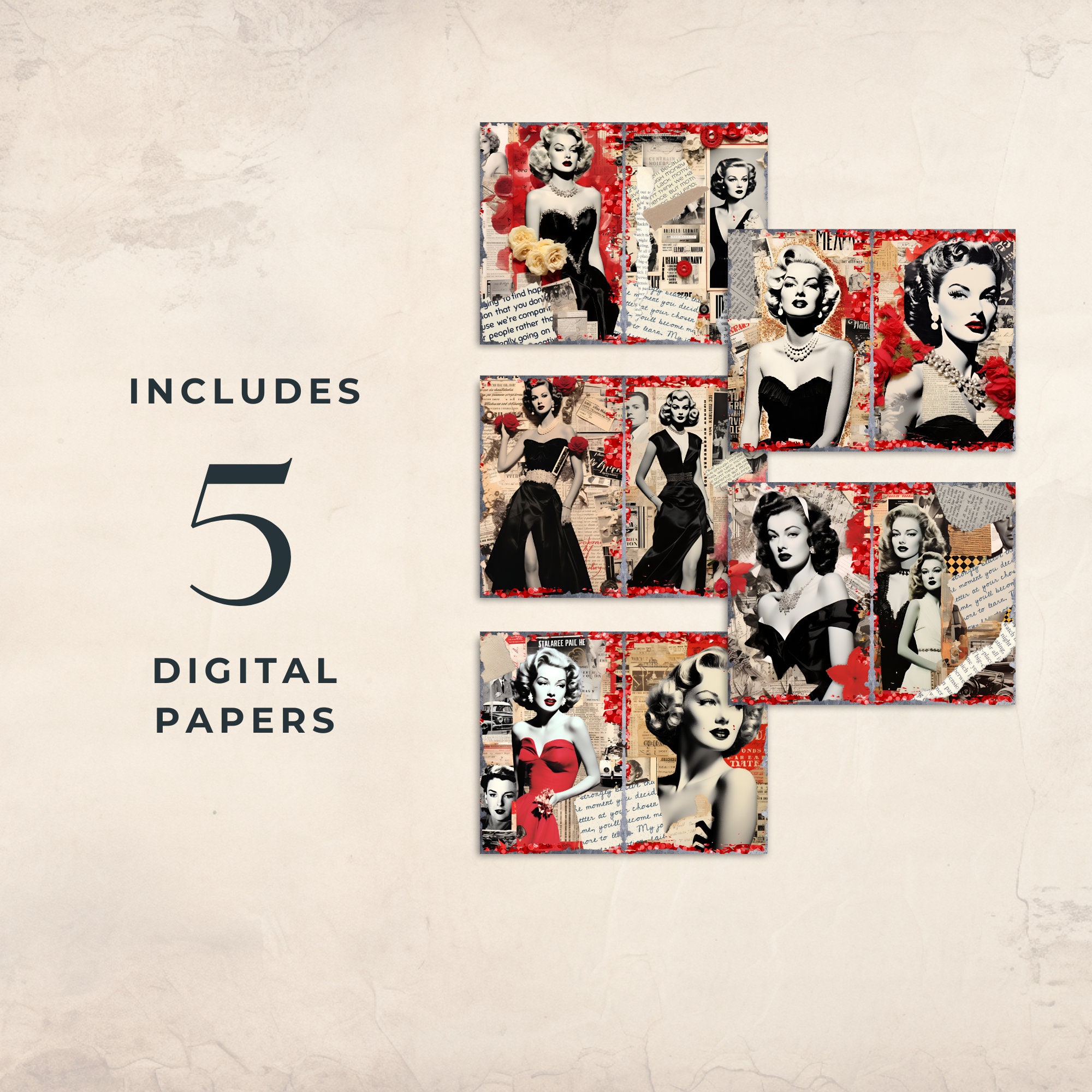 Junk Journal Pages, 1950s Pin up Girls Digital Papers, Shabby Chic ...