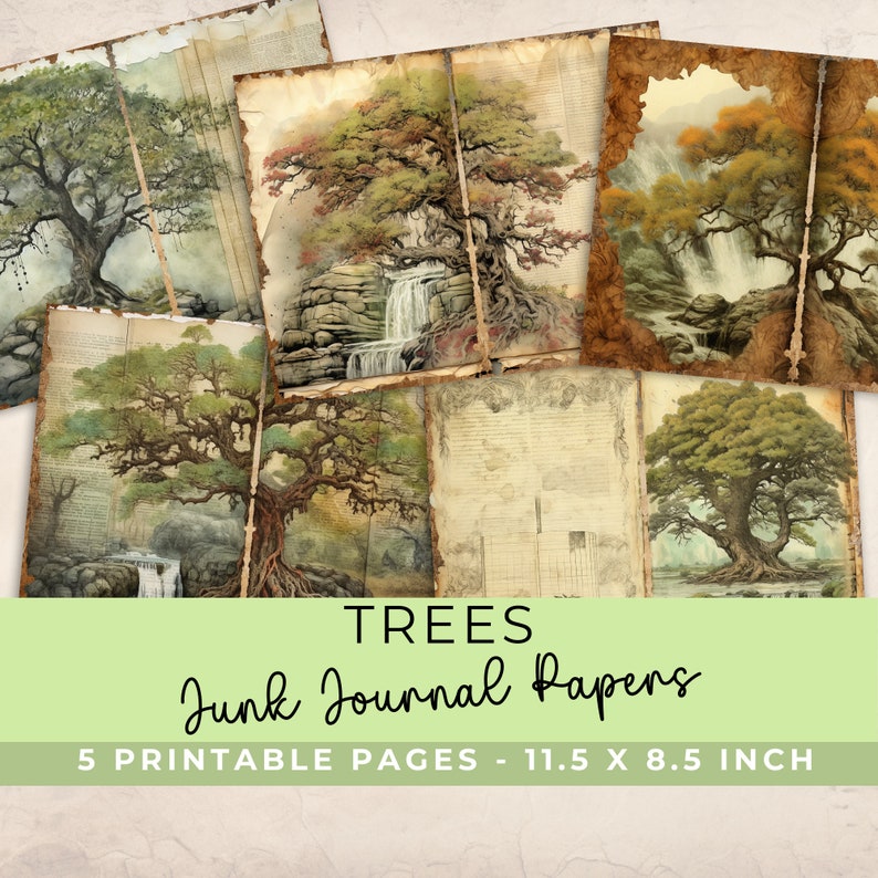 Tree Junk Journal Pages, Green Digital Papers, Shabby Chic Vintage ...