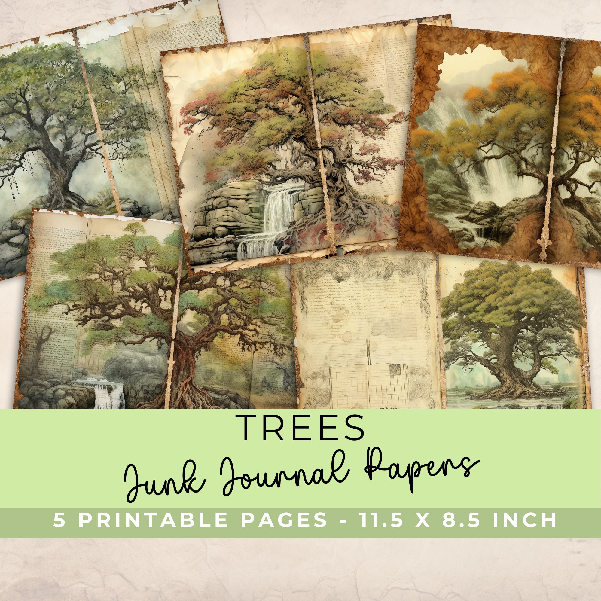 Tree Junk Journal Pages, Green Digital Papers, Shabby Chic Vintage ...