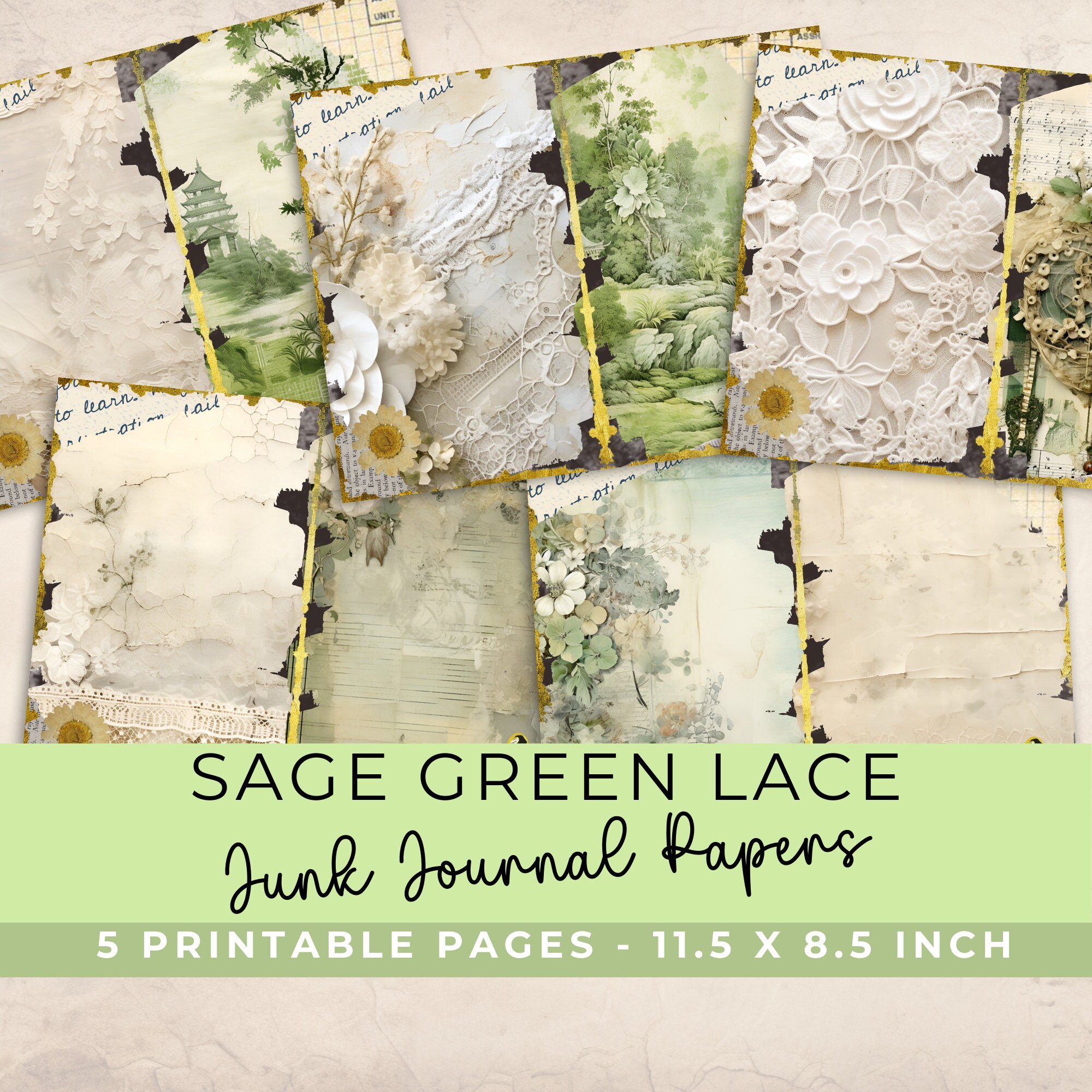 Junk Journal Pages, Sage Green Lace Digital Papers, Shabby Chic Vintage ...