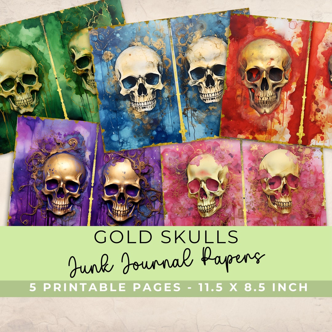 Gold Skull Journal Pages, Digital Papers, Shabby Chic Vintage Papers ...