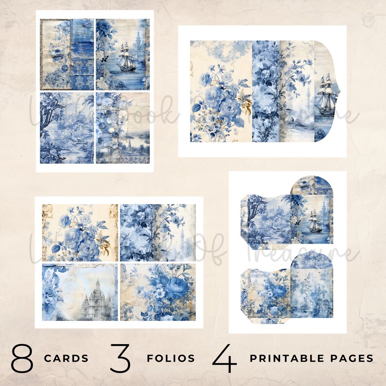 Blue Toile Junk Journal Kit, 100 Pieces, Tags, Ephemera, Paper Craft ...