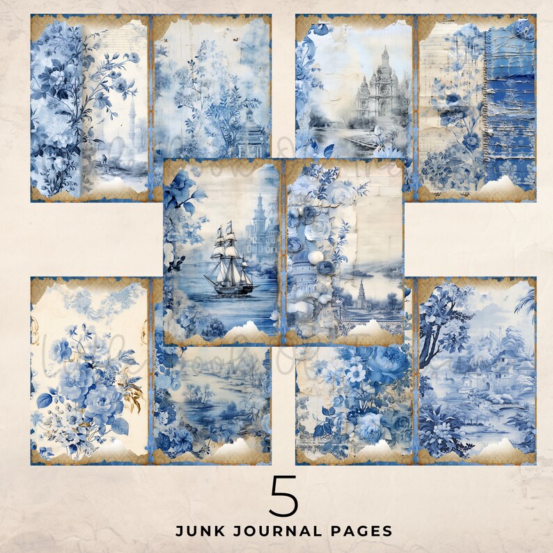 Blue Toile Junk Journal Kit, 100 Pieces, Tags, Ephemera, Paper Craft ...