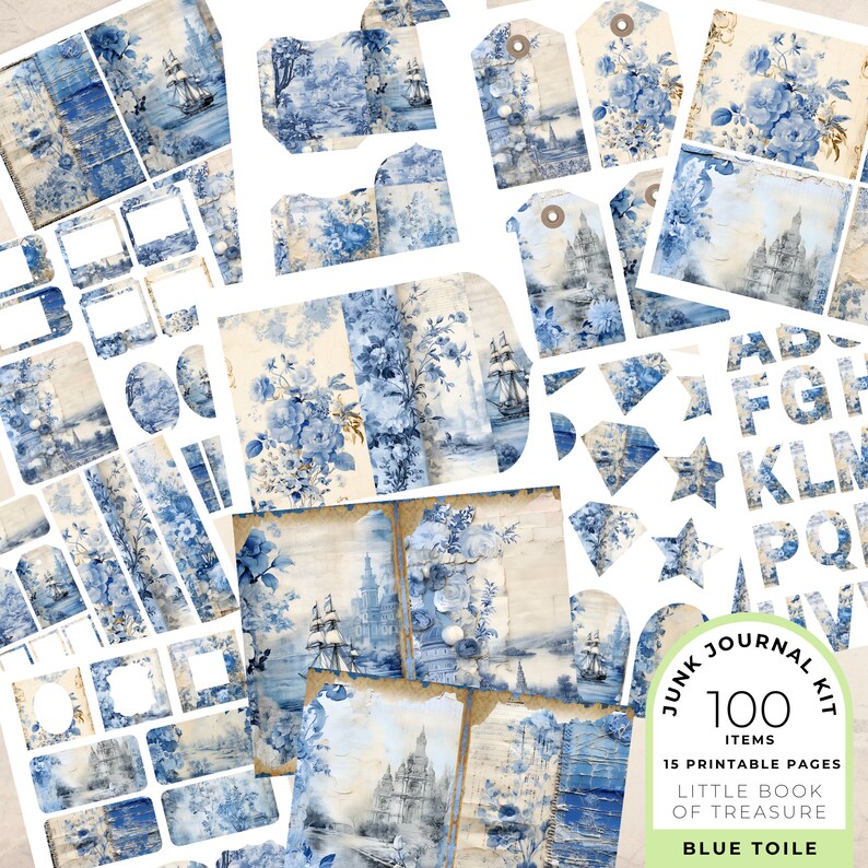 Blue Toile Junk Journal Kit, 100 Pieces, Tags, Ephemera, Paper Craft ...