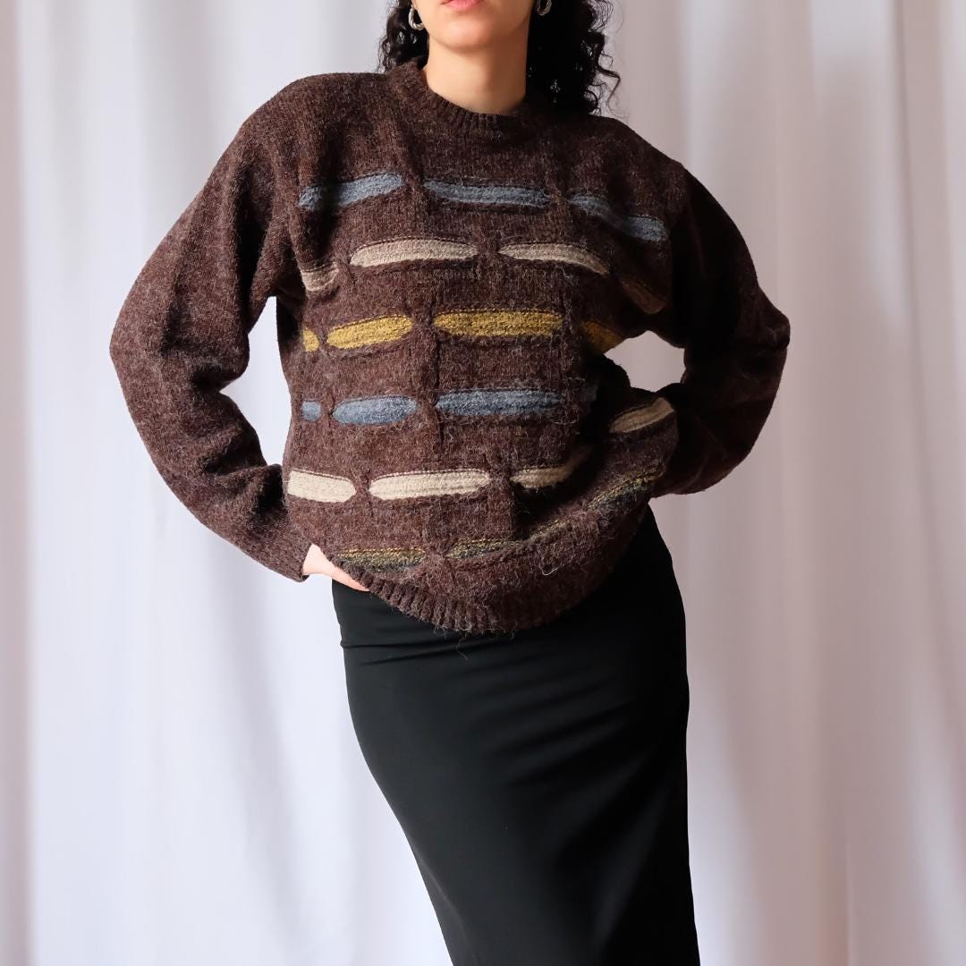 Vintage Wool Brown Sweater/ 90s Geometric Pattern Cozy Oversize Jumper ...