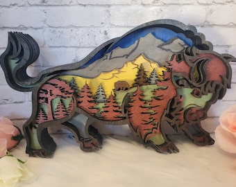 Buffalo Bison Wood Multilayer Layered Art Wall Hanger Art Nature Scene ...