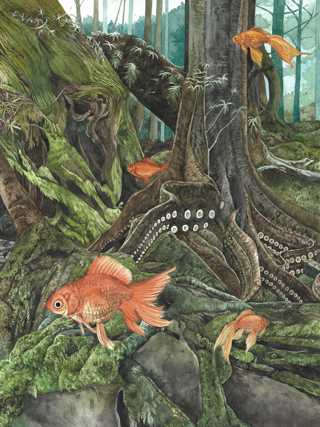 Flying Fish Fantasy Wall Art, Octopus Forest Giclee Print, Plant ...