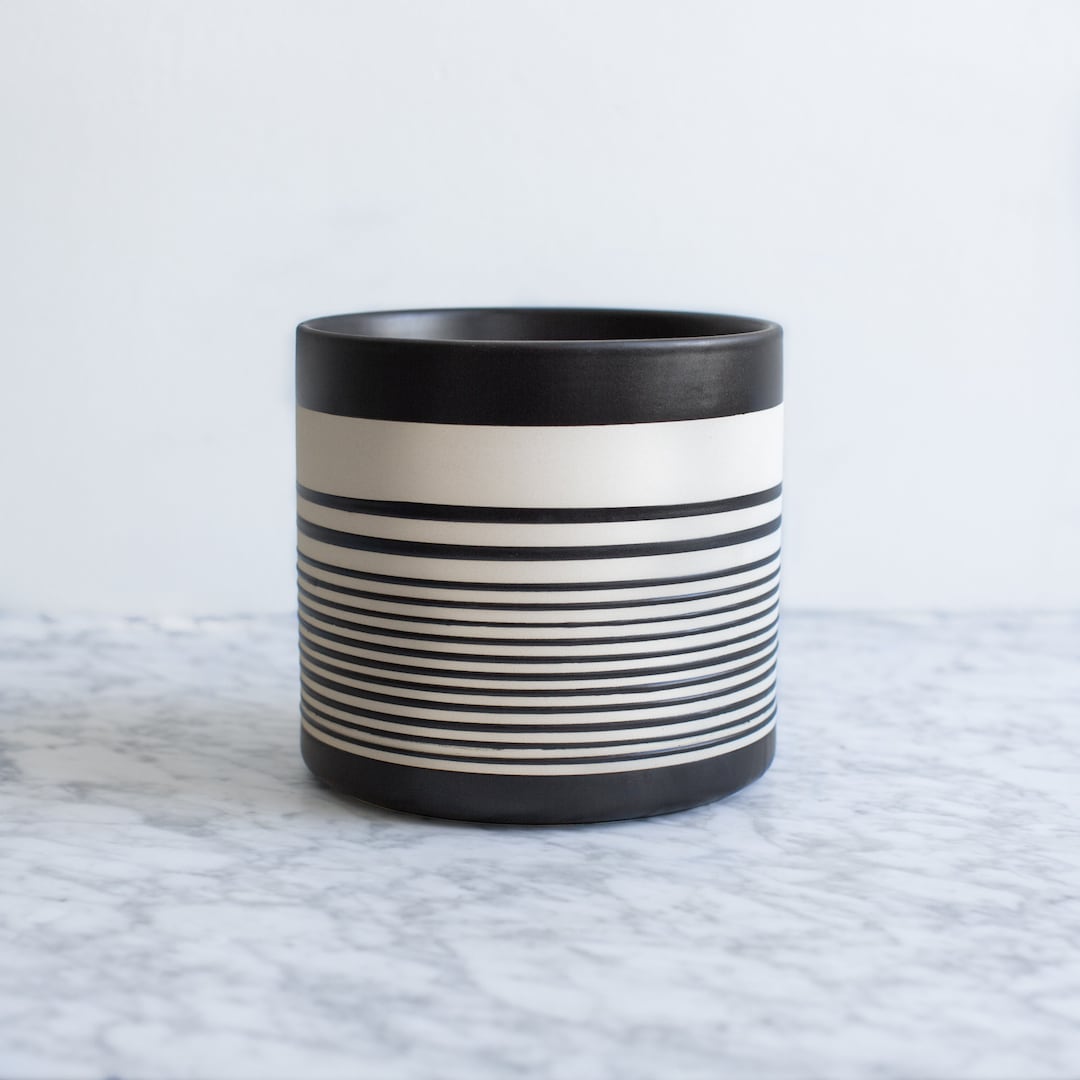 Rhodes Striped Planter, Black and Cream Ceramic Indoor Pot, Modern ...
