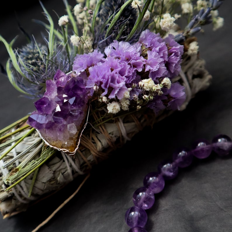Amethyst Sage Cleansing Stick Gift Set: Handmade Crystal Bracelet ...
