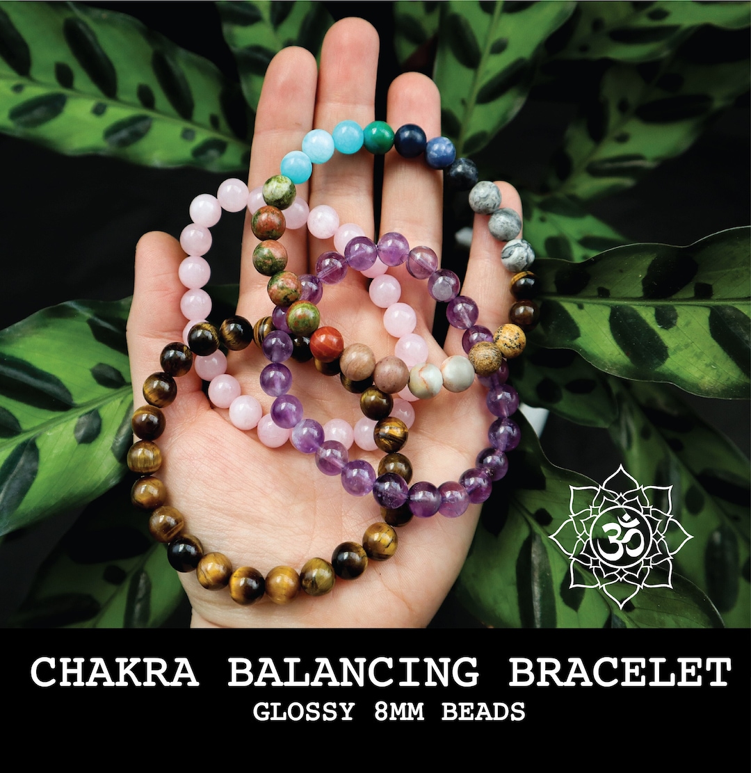 CHAKRA BALANCING Bracelet Stretchy 8mm Beads GLOSSY Finish Natural ...