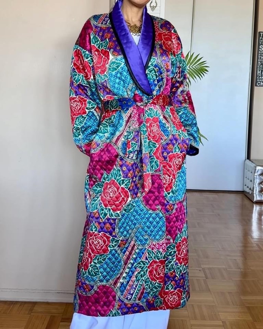 Vintage 80s Kathleen Usher Designer Luxury Quilted Floral Retro Robe ...