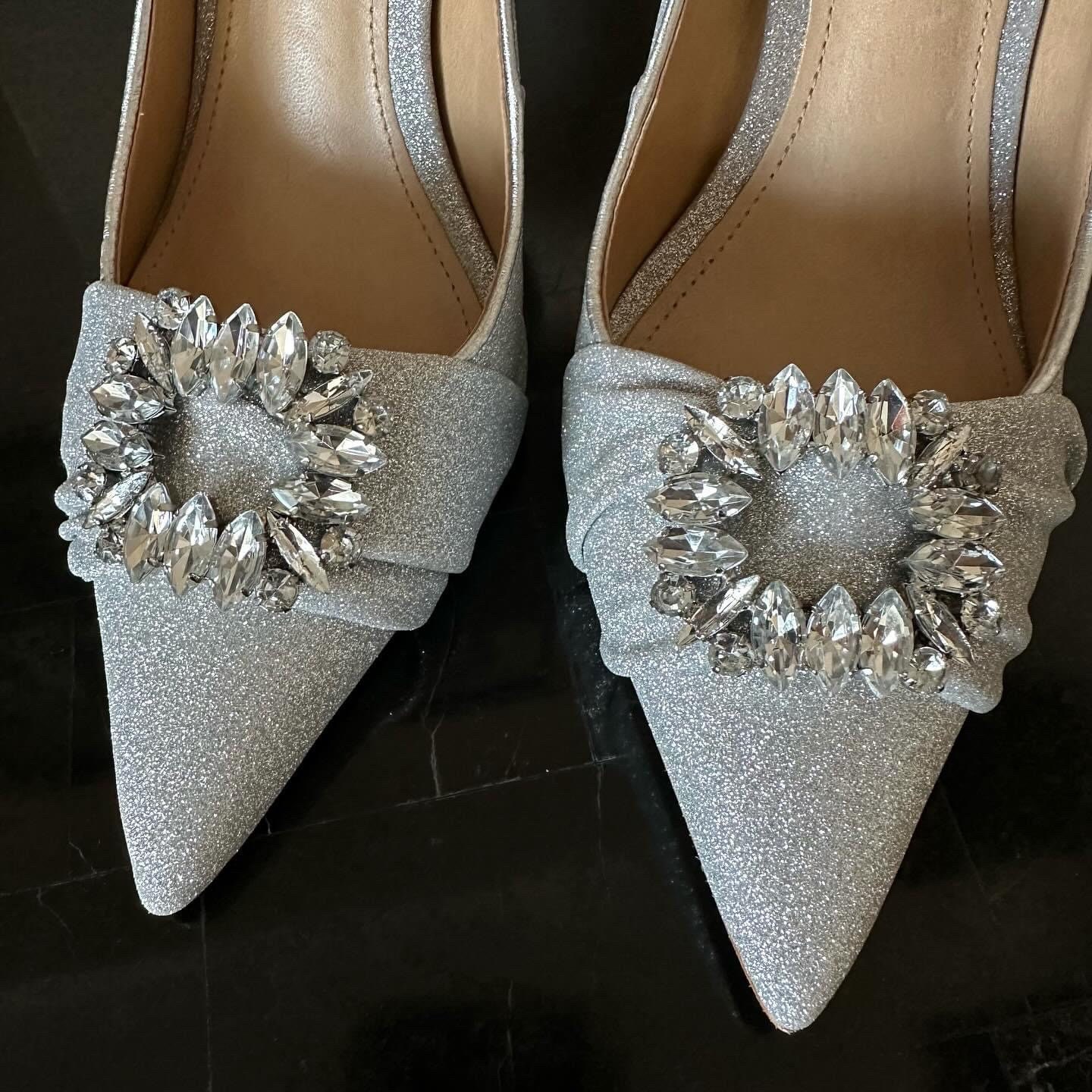 Schutz Meisho Glam Silver Glitter Pointed Stiletto Jeweled Pumps ...