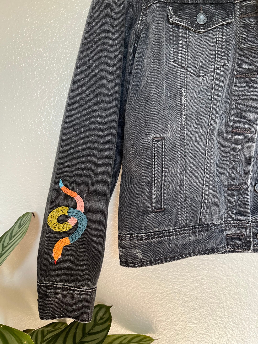 Snake Embroidered Denim Jacket | Upcycled | Size US Small | Womens - Etsy