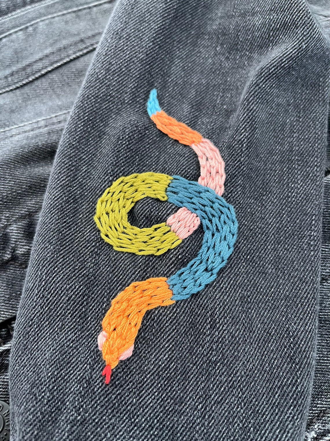 Snake Embroidered Denim Jacket | Upcycled | Size US Small | Womens - Etsy