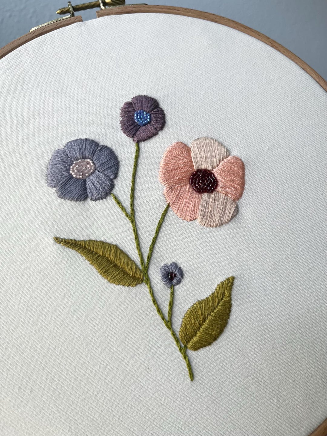 Hand Embroidered Purple & Pink Flowers | Framed Hoop Wall Art ...