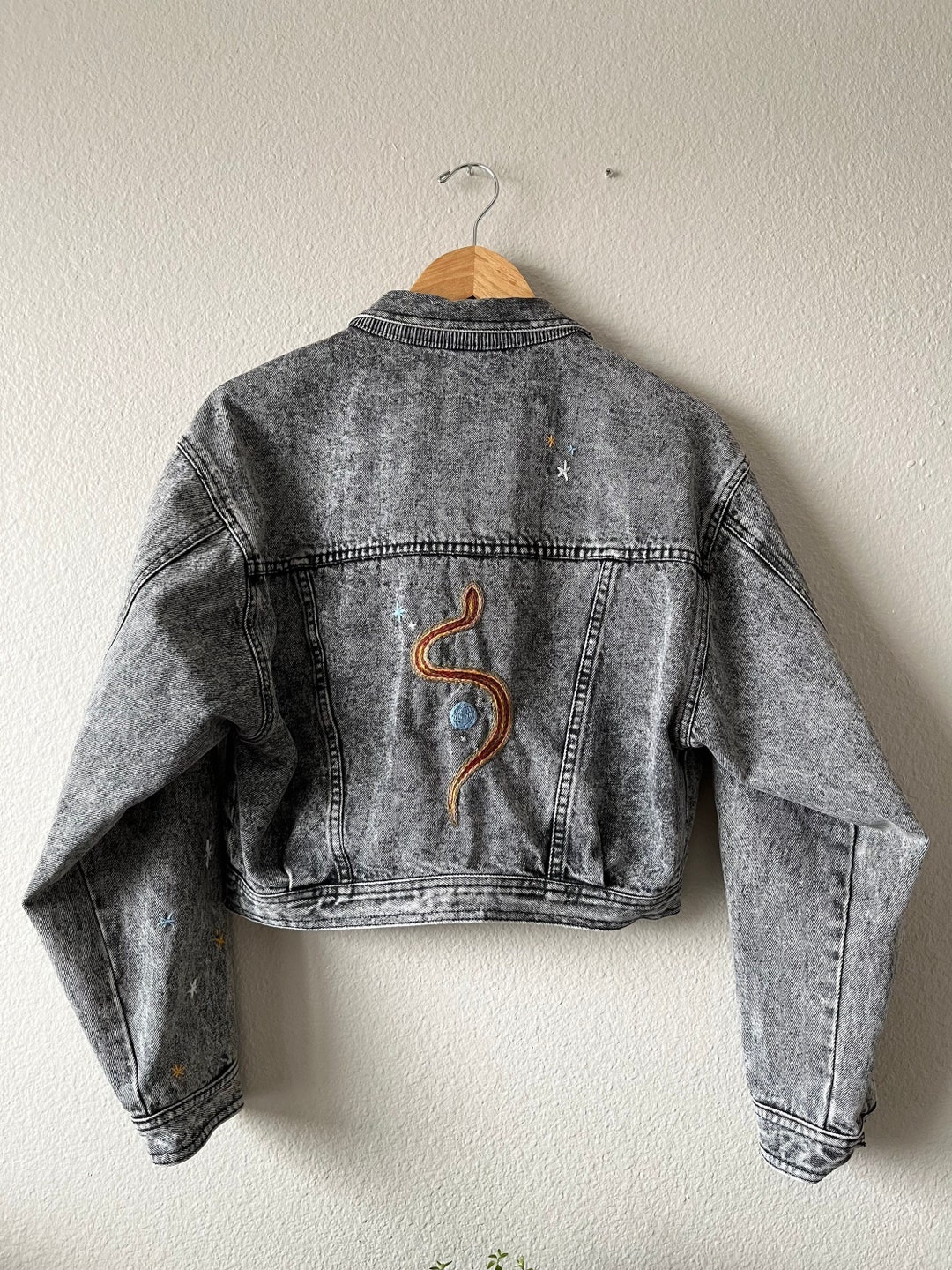 Snake Embroidered Acid Wash Denim Jacket | Upcycled | Size US Large ...