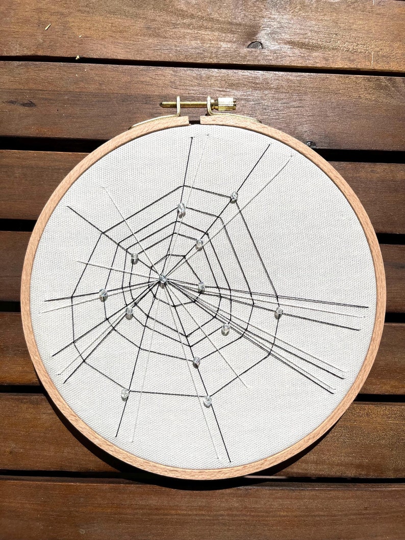 Hand Embroidered Beaded Spider Web White Framed Hoop Wall Art Finished ...