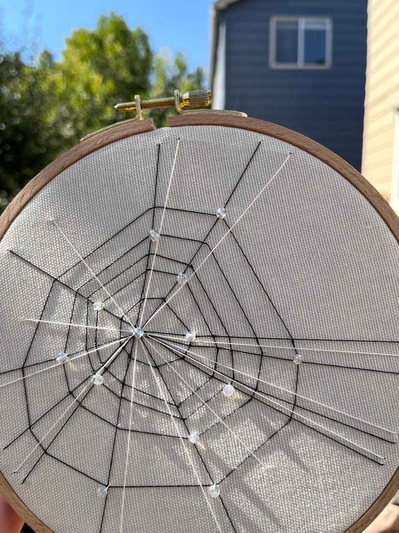 Hand Embroidered Beaded Spider Web White Framed Hoop Wall Art Finished ...
