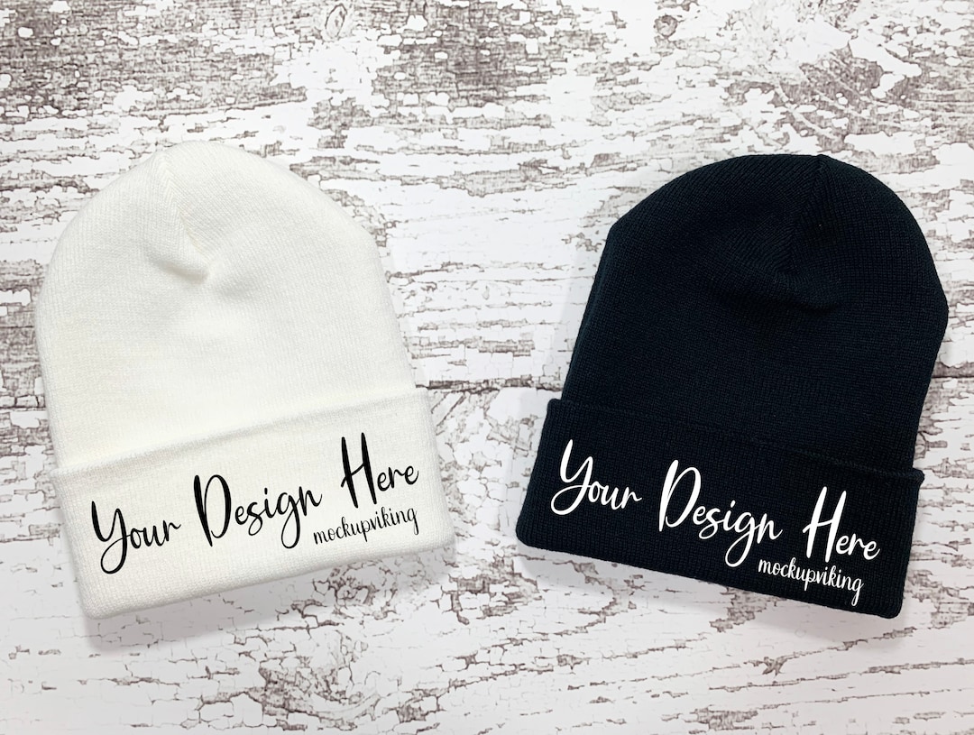 White and Black Beanie Mockup, Blank Beanie Flat Lay, Cuffed Beanie ...