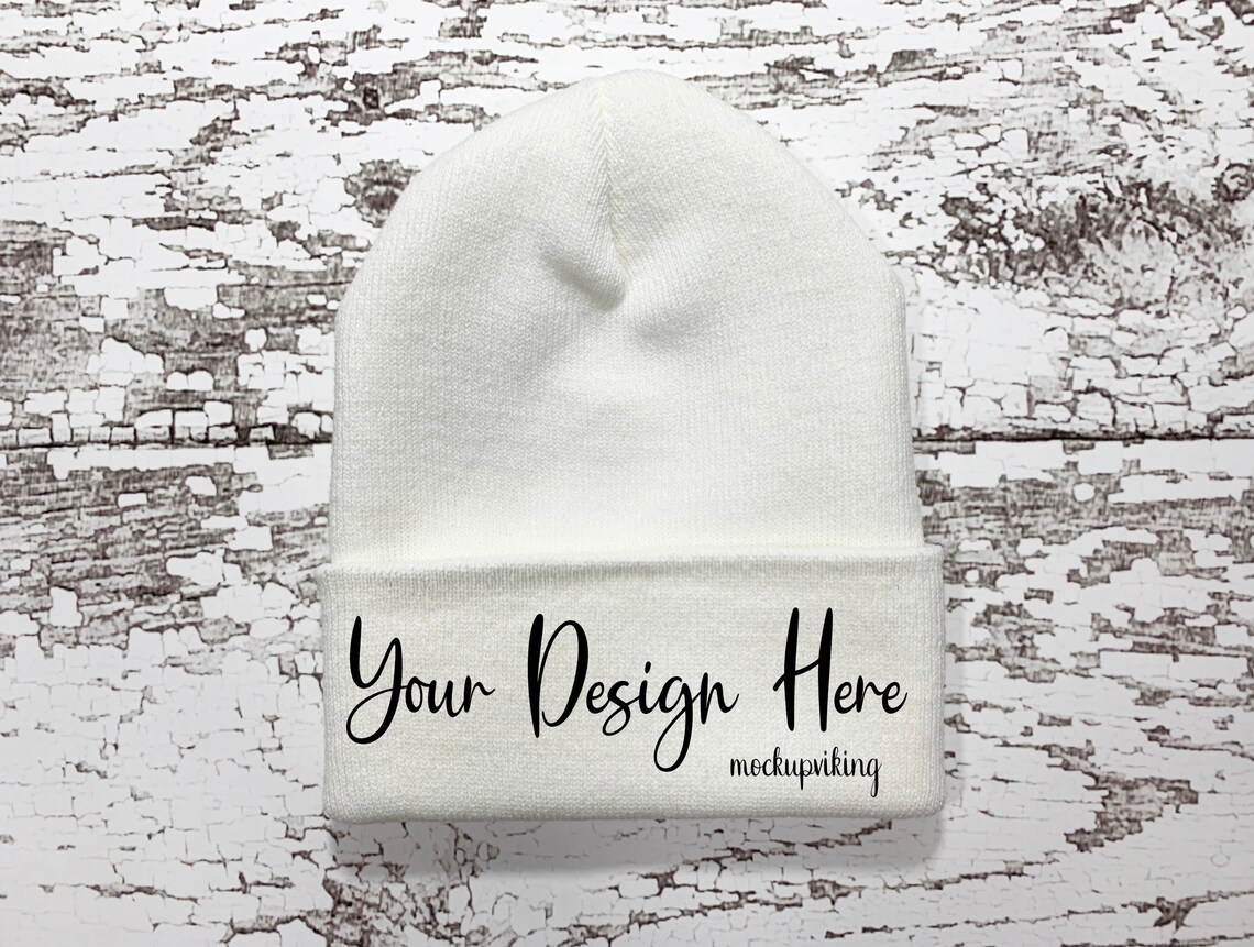 White Beanie Mockup - Blank Beanie Flat Lay - Cuffed Beanie Mock up ...