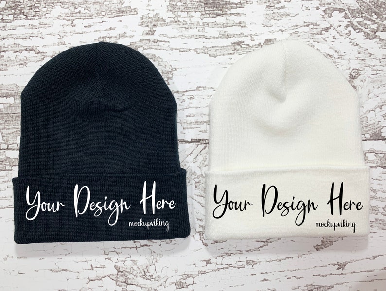 Black and White Beanie Mockup, Blank Beanie Flat Lay, Cuffed Beanie ...