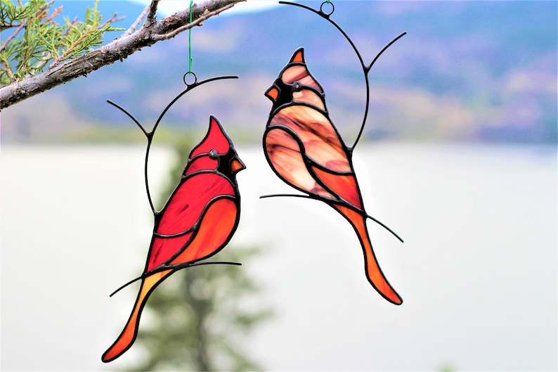 Pair of Cardinals Stained Glass Cardinal Suncatcher Wall - Etsy