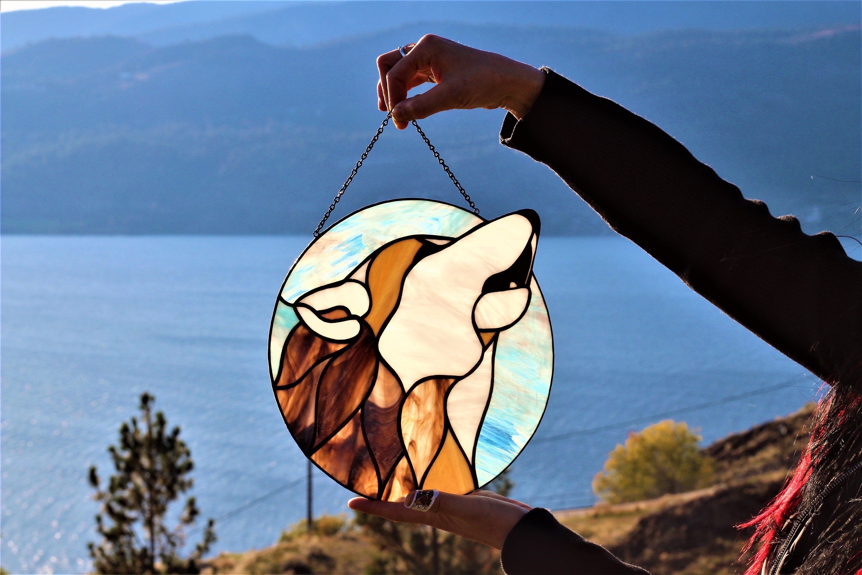 Wolf Window Panel, Stained Glass Panel, Wolf Suncatcher, Window Hanging ...