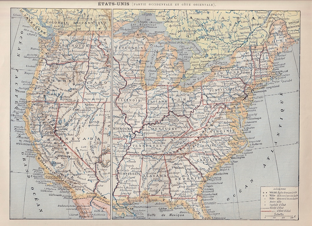 Ancient French, Map of the United States Original Engraving From the ...