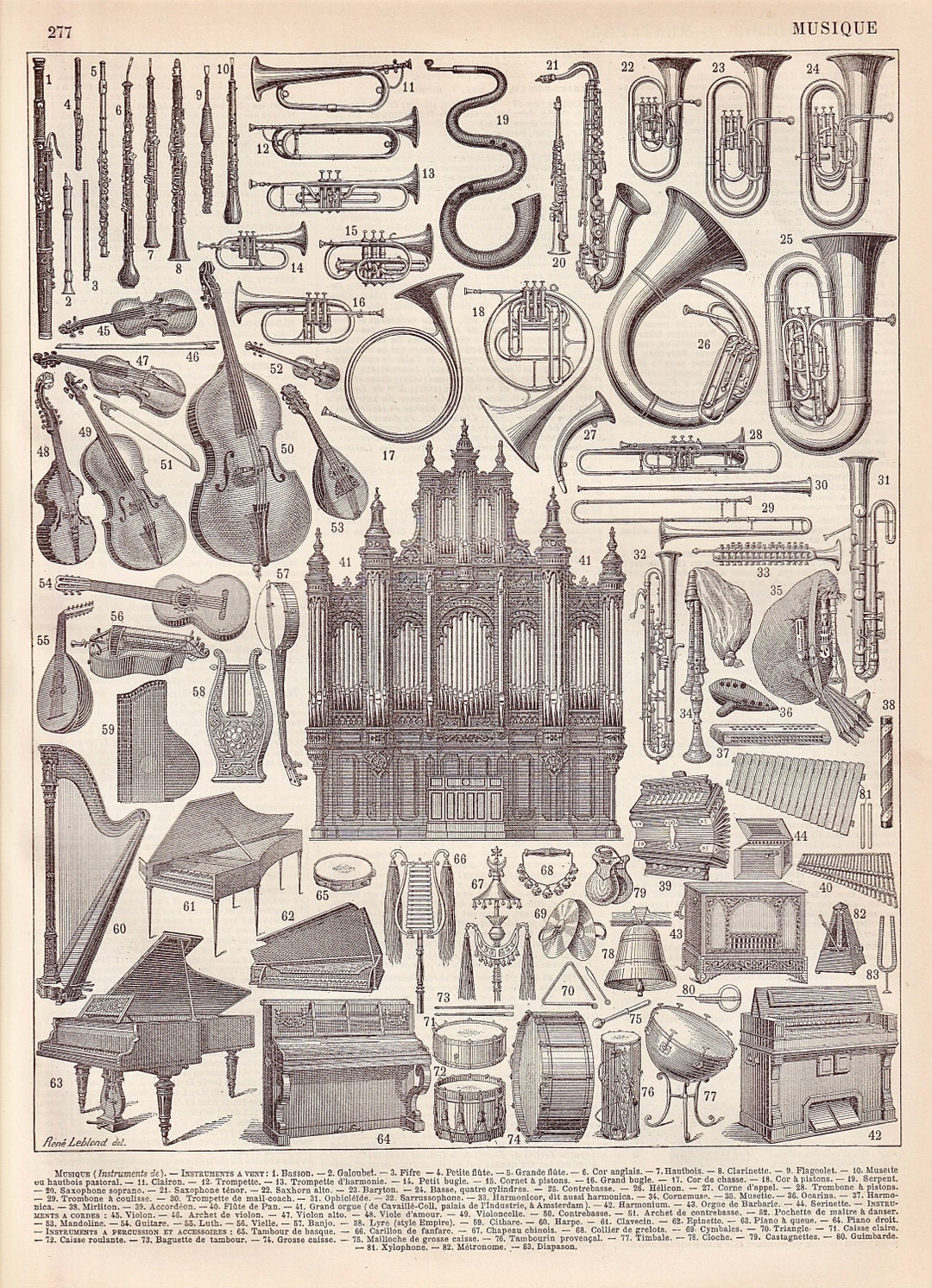 Vintage Illustration, Musical Instruments, Original Illustrated Plate ...