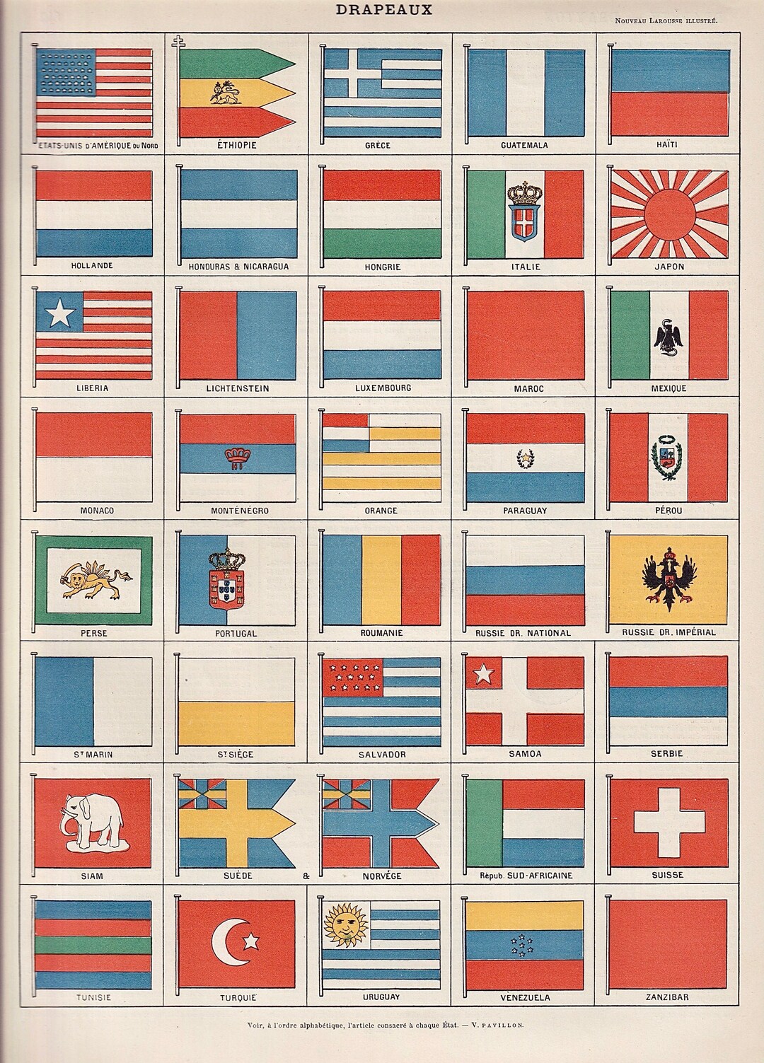 Vintage français ,drapeaux internationaux ,planche illustrée originale ...